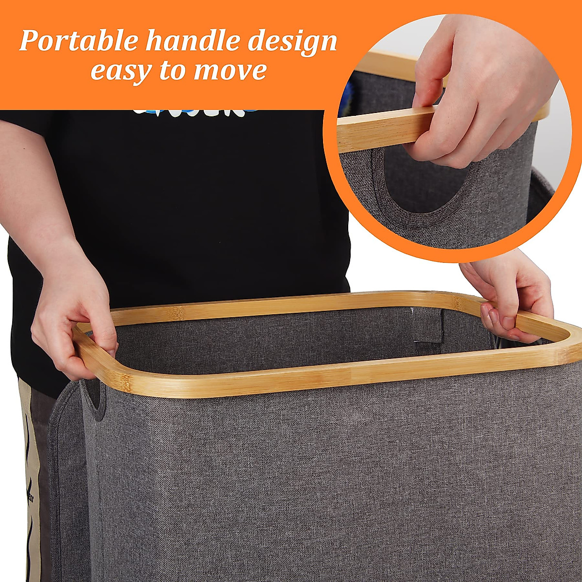 AMBIRD 2-Pack Laundry Basket with Lid, Bamboo Frame, Large Capacity, Upgraded Fabric, Portable and Foldable, Ideal for Bedroom, Bathroom, Nursery, and Household