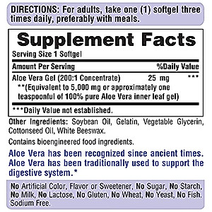 Puritans Pride Aloe Vera Extract 25mg (5000mg equivalent) Softgels, 200 Count (Packaging may vary)