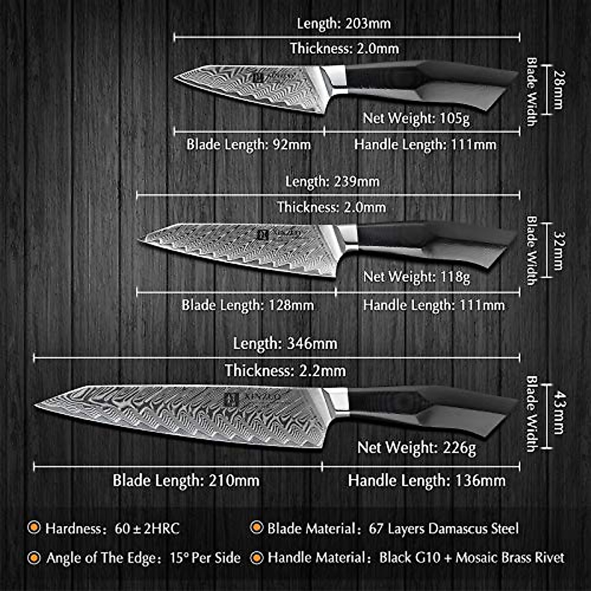 XINZUO 5-piece Damuscus Kitchen Knife Set,67 Layer Hand Forged Damascus Steel Professional Chef Knife Set with Gift Box, G10 Black Handle,Razor Sharp-Feng Series