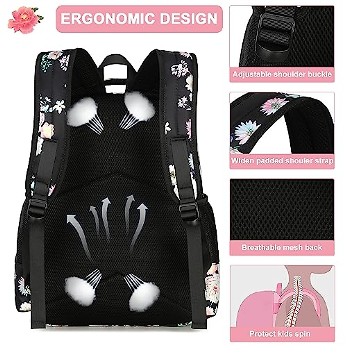 School Backpack Girls Floral Bookbag Teens Water-resistant Schoolbag Kids Insulation Lunch Bag and Pencil Case
