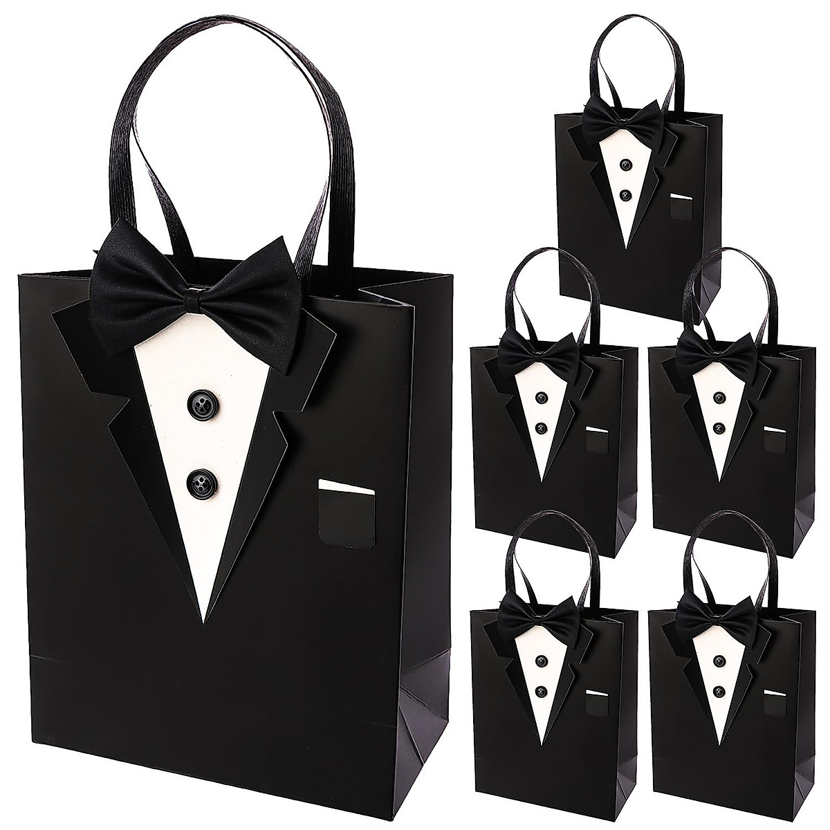 Crisky Classic Black Tuxedo Gift Bags for Groomsman Father's Birthday Anniversary Wedding Favor Bags 10"x8"x4" set of 6