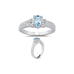 Studs Galore 0.04 Ct Diamond & 0.56 Ct Aquamarine Filigree Ring in 14 K White Gold-6.5