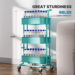 3 Tier Rolling Cart Organizer with Wheels, ADA Compliant, Metal Construction, Assembly Required, Spacious Storage Capacity, Lockable Casters, Hollow Carved Basket Design, 33.8'' H x 16.5'' W (Blue)
