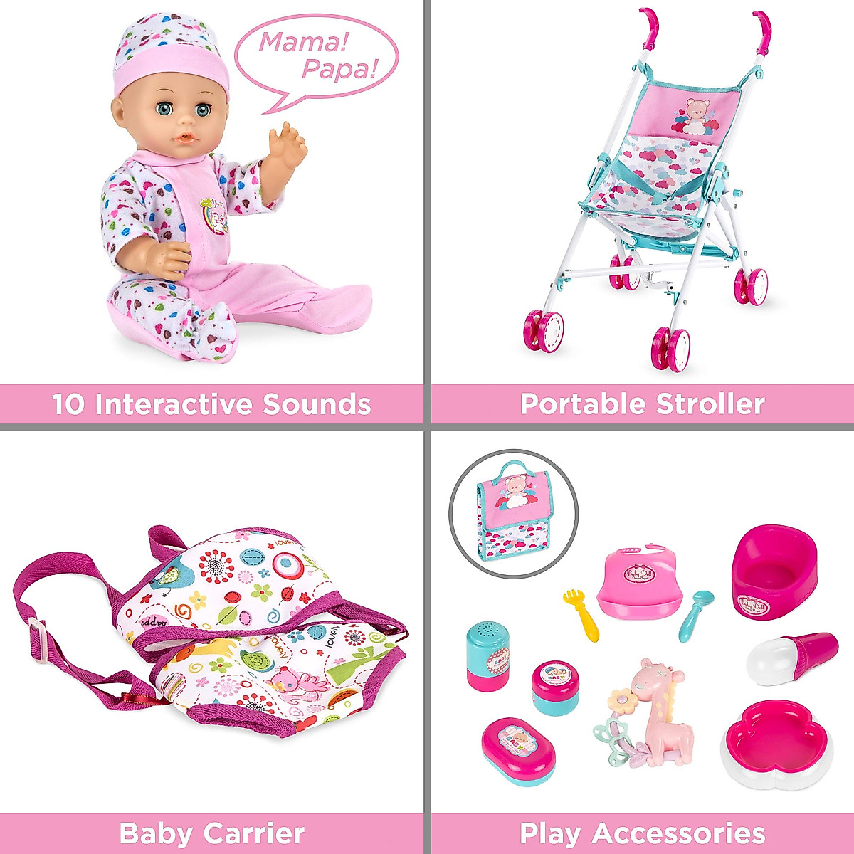 Best Choice Products Kids 15-Piece 13.5in Newborn Baby Doll Nursery Role Play Playset w/Stroller, Travel Cot, Play Mat, Travel Bag, Carrier, Seat, Accessories