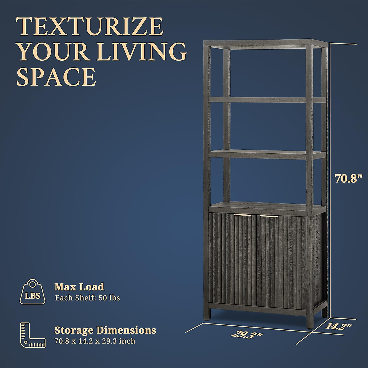 OAKHAM HOME Oxford Bookshelf, Tall Book Shelf with Doors Cabinet, 5-Tier Bookcase, Wooden Bookshelves with Fluted Panel, Large Bookcases with Storage for Living Room Bedroom (Midnight Oak, 1PCS)