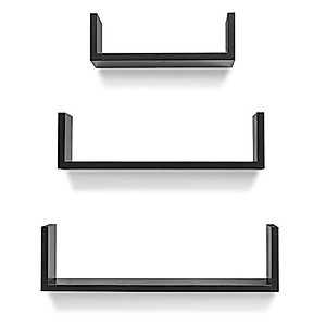 Americanflat Black Floating Shelves - Set of 3 - U Shaped Wall Mounted Display Ledges for Bedroom, Living Room, Bathroom, Kitchen, and Office