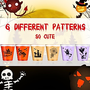 Roshtia 120 Pieces Halloween Plastic Shot Glasses Disposable Cups 2oz Pumpkin Ghost Witch Bat Printed Plastic Cups for Halloween Party Supplies Beverage Ice Cream Snacks Candy Favors, 6 Styles