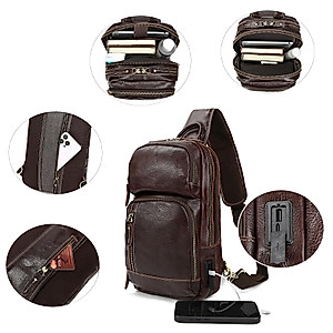LANNSYNE Full Grain Leather Sling Bag For Men Crossbody Chest Daypack fits 10.5" iPad