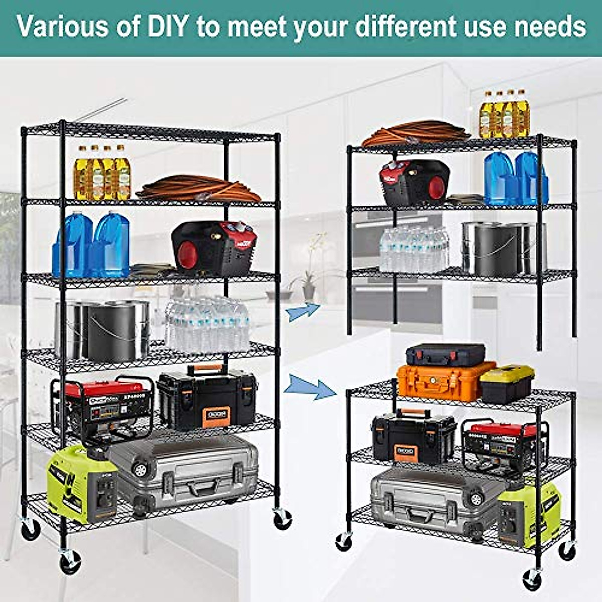 6 Tier Wire Rack Storage Shelves Metal Shelf Wire Shelving Unit with Wheels Heavy Duty NSF Utility Shelves Height Adjustable Kitchen Garage Shelf Racks, 82"x 48"x 18", Black