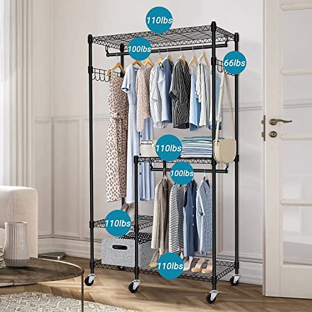 tonchean Rolling Wire Garment Rack Heavy Duty Clothes Rack for Hanging Clothes Freestanding Clothing Rack Closet Wardrobe Rack with Shelves and Wheels