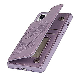 iCoverCase for iPhone 13 Wallet Case with Card Slots Holder Kickstand [RFID Blocking] Embossed Leather Magnetic Shockproof Cover with Wrist Strap (Heart Purple), Purple
