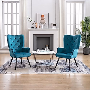 Accent Chairs Set for Living Room- Mid-Century Modern Comfy Reading Chair for Bedroom Adults Armchairs Sillones para Sala Sofa Tall Wingback Arm Chairs Microfiber Cushioned (Teal, 2 Chairs)