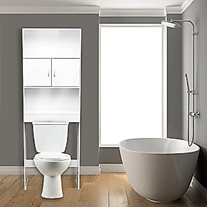 Home Basics Space Saver for Bathroom (White) MDF Bathroom Space Saver with Three Shelves and Cabinet Doors | Toilet Saver for Towels, Toilet Paper, Beauty Supplies, and Décor