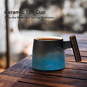 suyika Ceramic Tea Cup with Infuser and Lid Tea Mugs Wooden Handle for Steeping Loose Leaf Tea 400ml, 13.5 oz, Gradient Navy Blue & Black