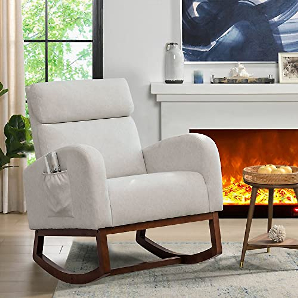 Andeworld Rocking Chair Nursery,Living Room Accent Glider Chair,Upholstered High-Back Armchair for Baby Nursery,Faux Suede Comfy Side Chair for Living Room,Bedroom,Beige