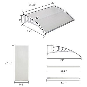40-inch Window Awning Door Awnings Exterior Made Polycarbonate Sheets Panels, Polypropylene Brackets to Protect House from Sun, Rain and Snow