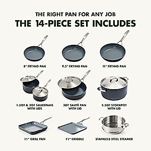 GreenPan Paris Pro Hard Anodized Healthy Ceramic Nonstick, 14 Piece Cookware Pots and Pans Set with Stainless Steel Lids, PFAS-Free, Dishwasher Safe, Grey