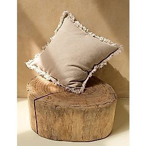 5F Balcony Decorative Boho Linen Throw Pillow Cover with Handmade Fringes - Neutral Beige Pillow Cover 18 × 18, Soft Solid Square Cushion Cover for Couch Bed Patio Outdoor