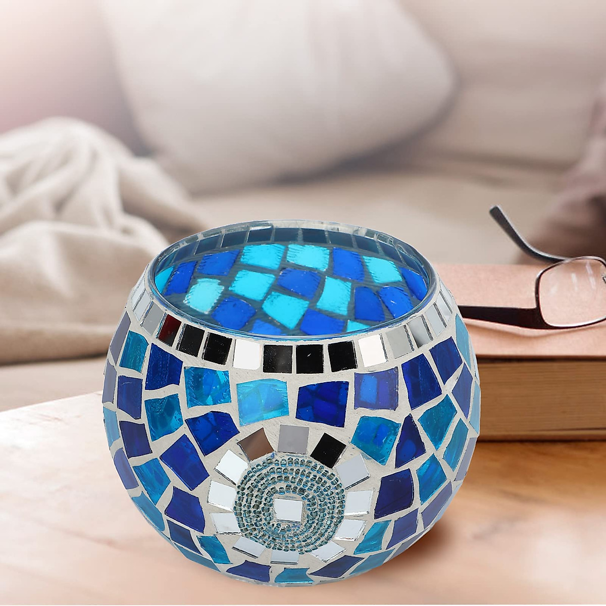 Mosaic Glass Votive Candle Holder for Tealight,Round Bowl Votive Candle Holders Pillar Candle Stands, Glass Mosaic Tealight Holders Potted Plant Bowl Vase Candle Centerpiece for Table Wedding