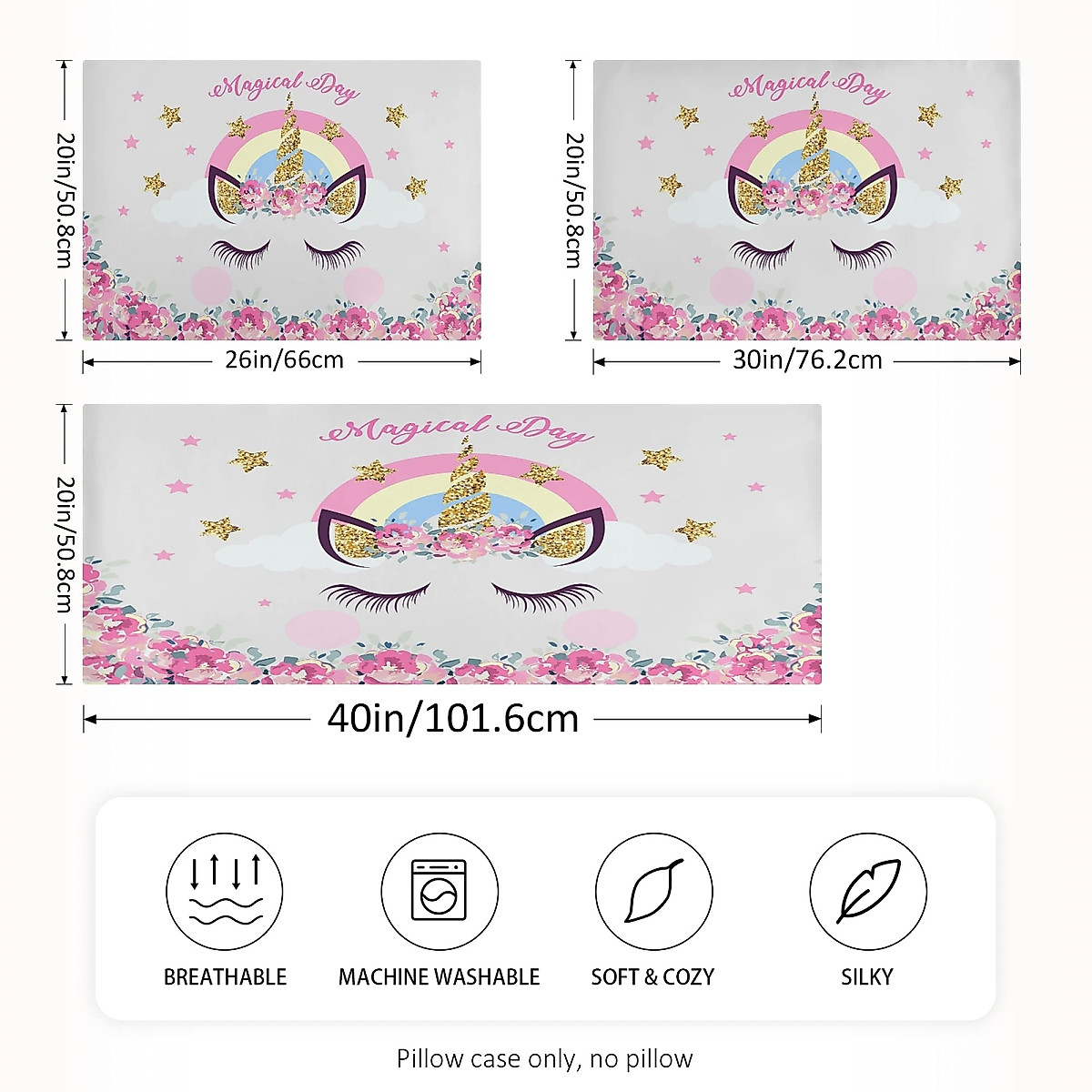 Dalzium Cute Unicorn Girl Print Satin Pillowcase for Hair and Skin, Unicorn and Pink Flowers Silk Pillow Case with Envelope Closure, Standard Size 20x26 inches, White, 1 PC