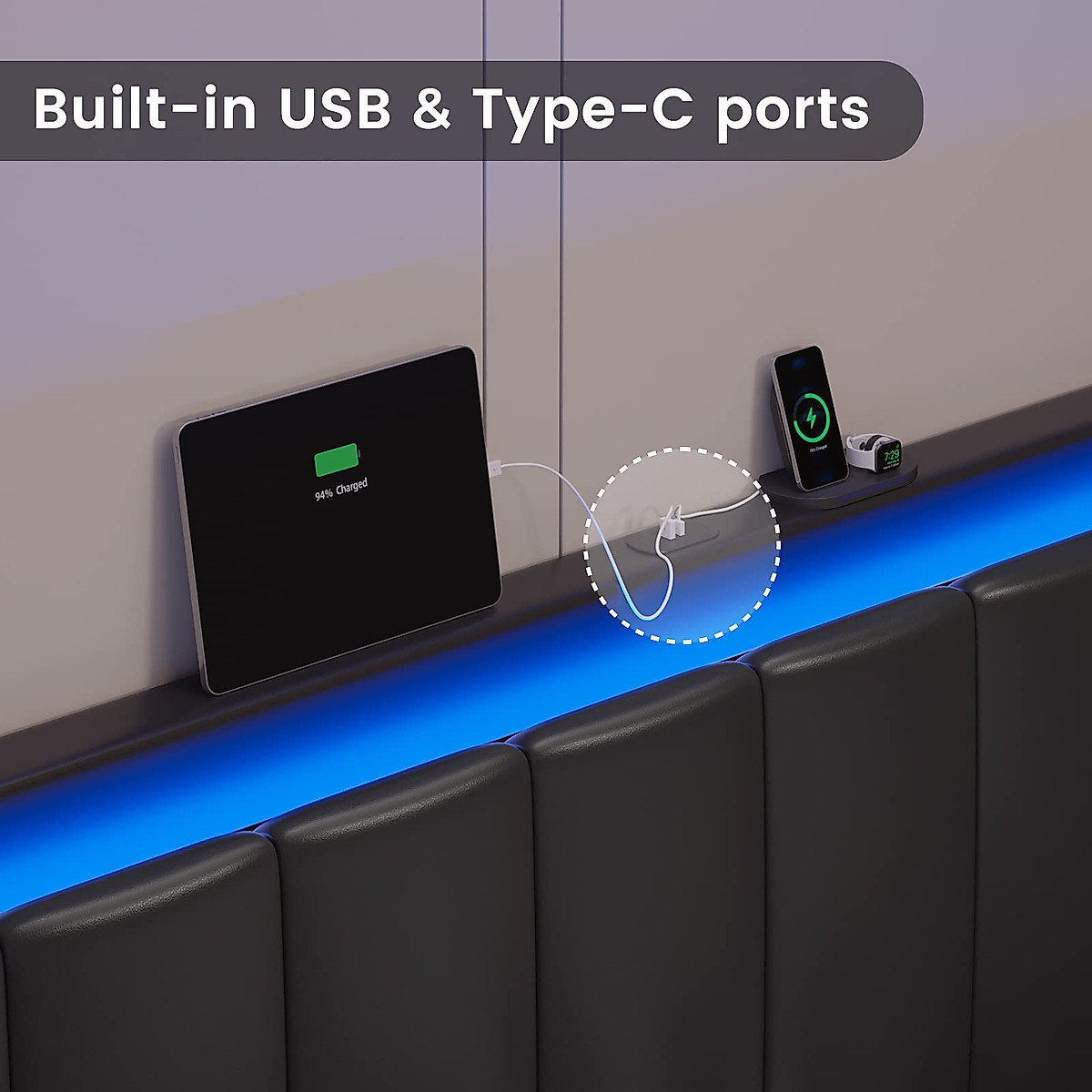 Hasuit Queen Bed Frame with Headboard and LED Light, Vegan Leather Platform Bed Queen Size with Charging Station, Upholstered Headboard Height Adjustable, Noise Free, Easy Assembly, Black