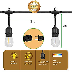 EIKOSON 𝟒𝟖𝑭𝑻 LED Outdoor String Lights with 𝟮𝟰 Weatherproof Shatterproof Edison 𝑳𝑬𝑫 𝑩𝒖𝒍𝒃𝒔(2 𝑺𝒑𝒂𝒓𝒆)，Commercial Grade Waterproof Hanging Lights for Backyard Porch Balcony Party