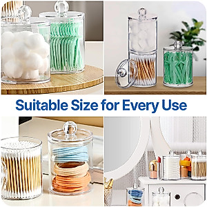 4 PACK Qtip Holder Dispenser For Cotton Ball, Cotton Swab, Cottom Round Pads, Floss Picks - 10 oz Clear Plastic Apothecary Jar Set For Bathroom, Vanity Makeup Organizer, Cnister Storage Organization