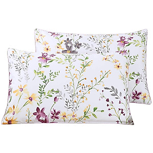 WINLIFE 100% Cotton Pillowcases Garden Floral Printed Pillow Cases Set of 2 Pillow Cover (Standard Queen 20x30'', Lilac)