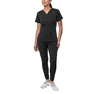 Adar Pro Flawless Plus Scrub Set for Women - Elevated V-Neck Top & Jogger Scrub Pants - P9600 - Black - M