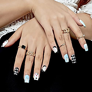 Press on Nails Medium Short Square GLAMERMAID, Black White Fake Nails with Design Checkerboard 24Pcs Acrylic False Nail Kits Stick Glue on Nails Sets for Women Reusable Full Cover Gel Nails