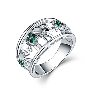 JO WISDOM 925 Sterling Silver Cubic Zirconia Elephant Ring Animal Rings,May Birthstone Emerald Color Jewelry Rings for Women size 7