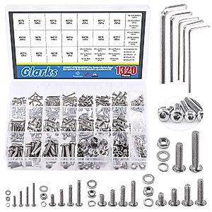 Glarks 1325Pcs M2 M3 M4 M5 M6 Button Head Screws 304 Stainless Steel Hex Socket Cap Screws Bolts and Nuts Washers Assortment Kit with Hex Wrench for Machinery Furniture Car Repair