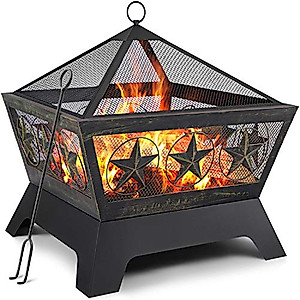 AMAGABELI GARDEN & HOME Fire Pit Outdoor Wood Burning 24in with Fireplace Poker Spark Screen Retardant Mesh Lid Rustproof Bronze