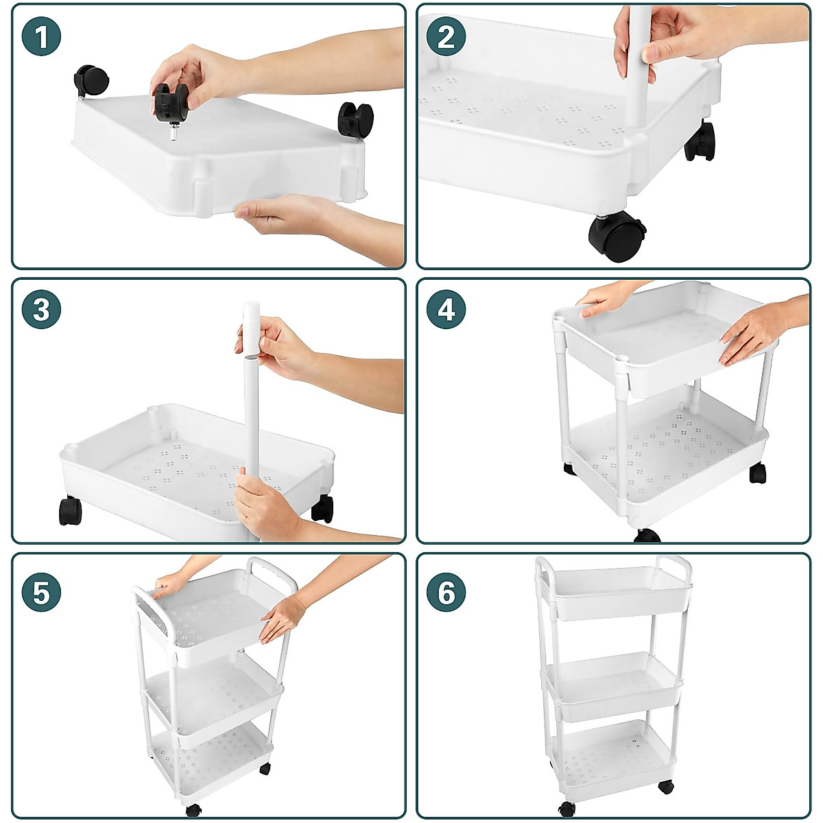 EZ COZY 3 Tier Rolling Cart, Plastic Diaper Cart Organizer with Wheels, Roller Cart for Diapers, Baby Nursery, Kitchen, Bathroom, Living Room and Bedside, White