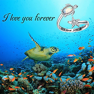 925-Sterling-Silver Opal Turtle Ring for Women - Adjustable Sea Turtle Starfish Ring Ocan Animal Ring Turtle Jewelry Christmas Birthday Gift for Daughter Wife