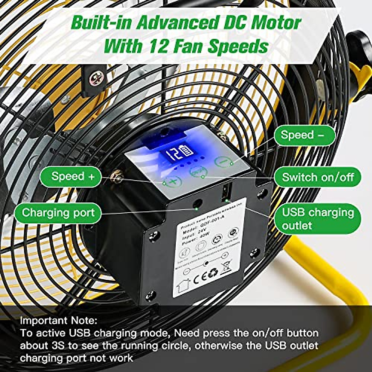 blessny 14 Inch Rechargeable Floor Fan Solar Powered, 15000mAh battery Portable Cordless Floor Fan with 12 Speeds Metal Blades for Outdoor, Camping, BBQ, Fishing