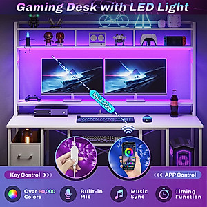 SEDETA White Computer Desk with Hutch and Drawer, 55" White Gaming Desk with LED Lights & Power Outlet, Home Office Desks with Storage Shelves, Bookshelf, Monitor & CPU Stand, Gamer Desk PC Table