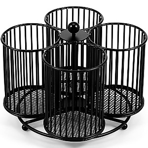 Metal Utensil Caddy 360 Degree Rotating Cutlery Holder 4 Compartment Flatware Storage Basket Portable Multipurpose Countertop Silverware Organizer for Kitchen Picnic Camping Outdoor(16*16*14cm,black)