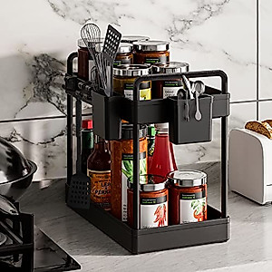 2 Pack Under Sink Organizer, 2 Tier Kitchen Under Sink Cabinet Organizers and Storage with Cups and Hooks, Black Bathroom Under Sink Shelf Organizer Basket, Multi-purpose Under Sink Storage