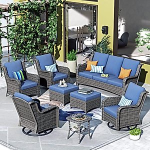 Patio Furniture Outdoor Swivel Rocking Chairs All Weather Wicker 8 PCS Patio Sofa Conversation Set with Chairs and Ottomans for Deck Garden Backyard,Grey Rattan Denim Blue