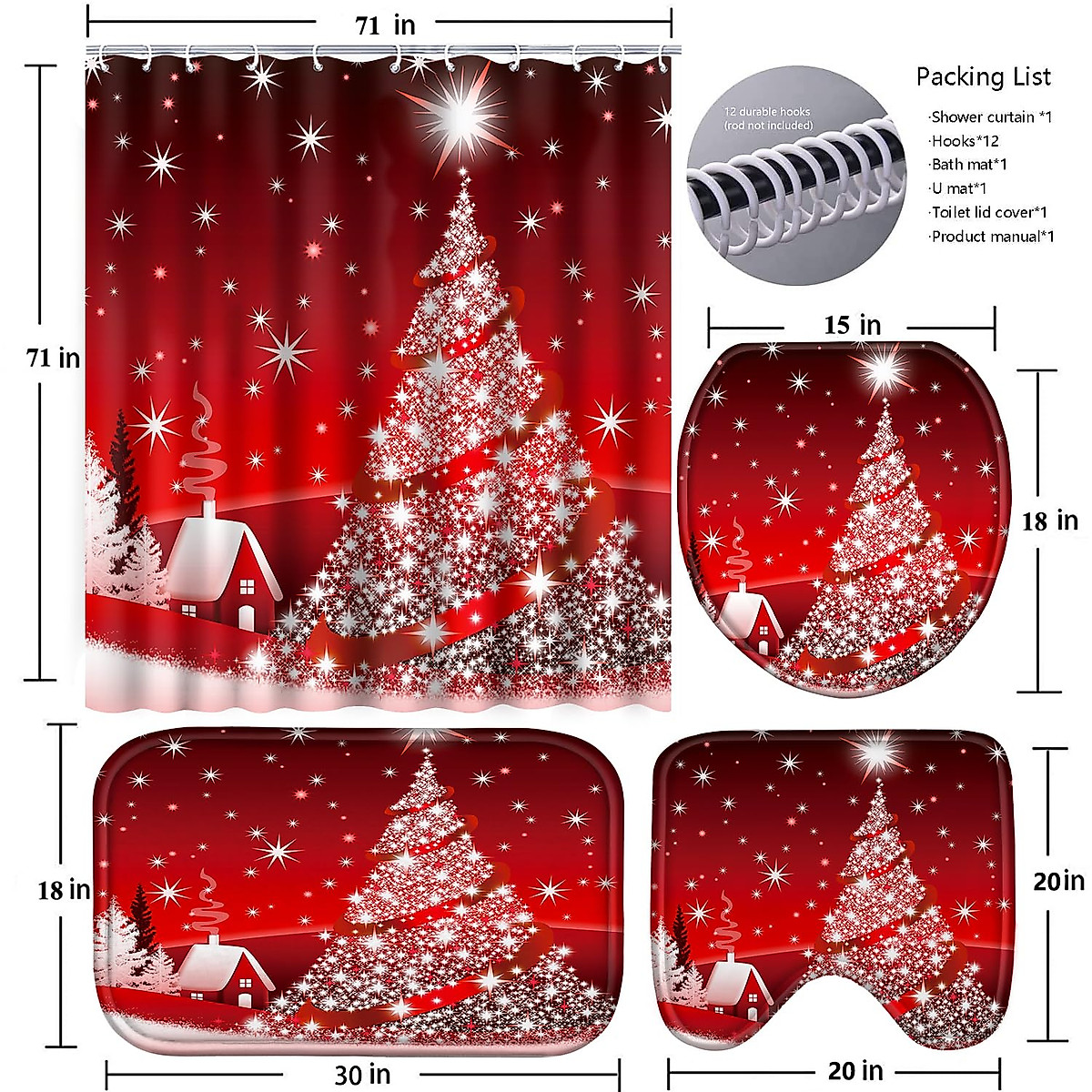 Poedist 4 Pcs Christmas Bathroom Decor Set,Christmas Shower Curtain Sets, Xmas Shower Curtain Sets with Rugs(Bath Mat,U Shape and Toilet Lid Cover Mat) and 12 Hooks,Christmas Tree