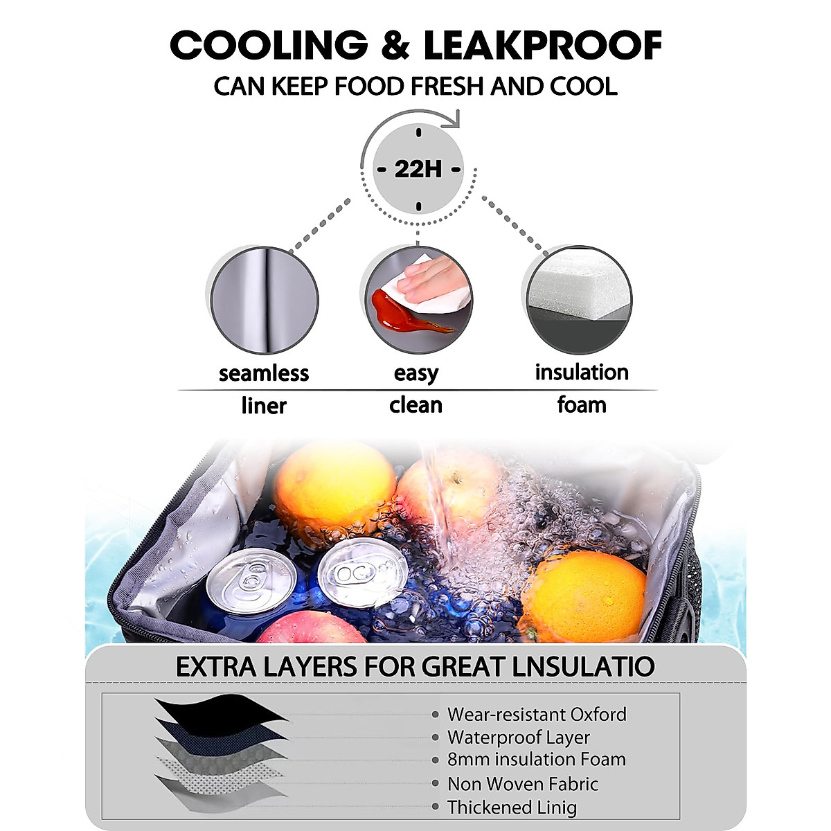 Double Deck Large Lunch Box for Women, Expandable Black Adult Lunch Box with Shoulder Strap, Leakproof Insulated Black Lunch Bag, 24 cans Adult Lunch Bag, Womens Lunch Bags for Work Travel Hiking