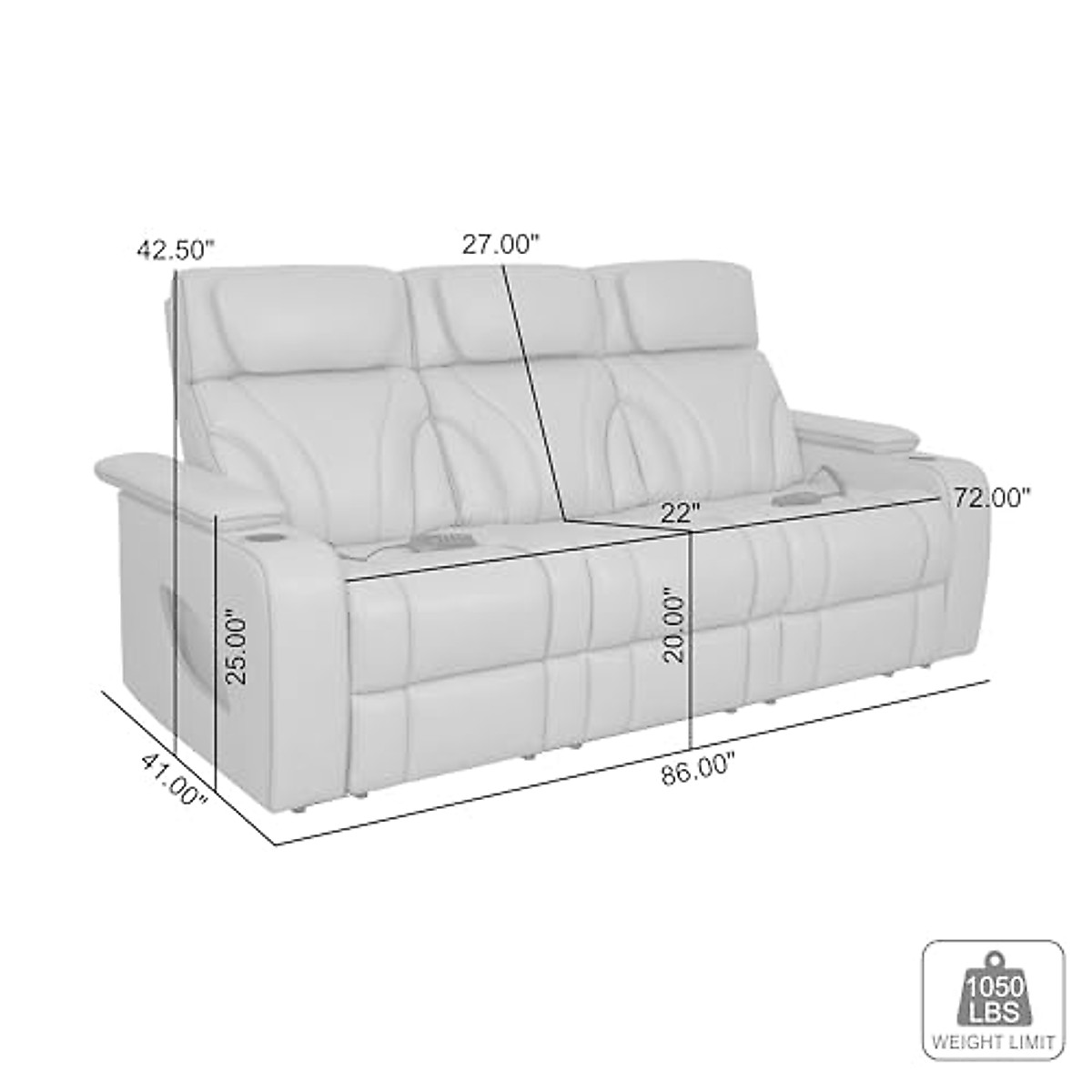 Armen Living Octavia Modern Zero Gravity Power Reclining Heated Massage Sofa, 86" Wide, Silver and Gray Top Grain Leather