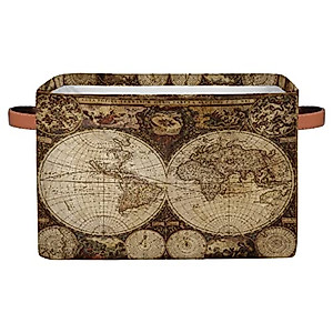 Vintage World Map Fabric Storage Cubes Collapsible Storage Bins, Nautical Map Storage Boxes for Organizing Storage Baskets with Handles for Shelves, Closet, Toy, Nursery (15x11x9.5 Inch)