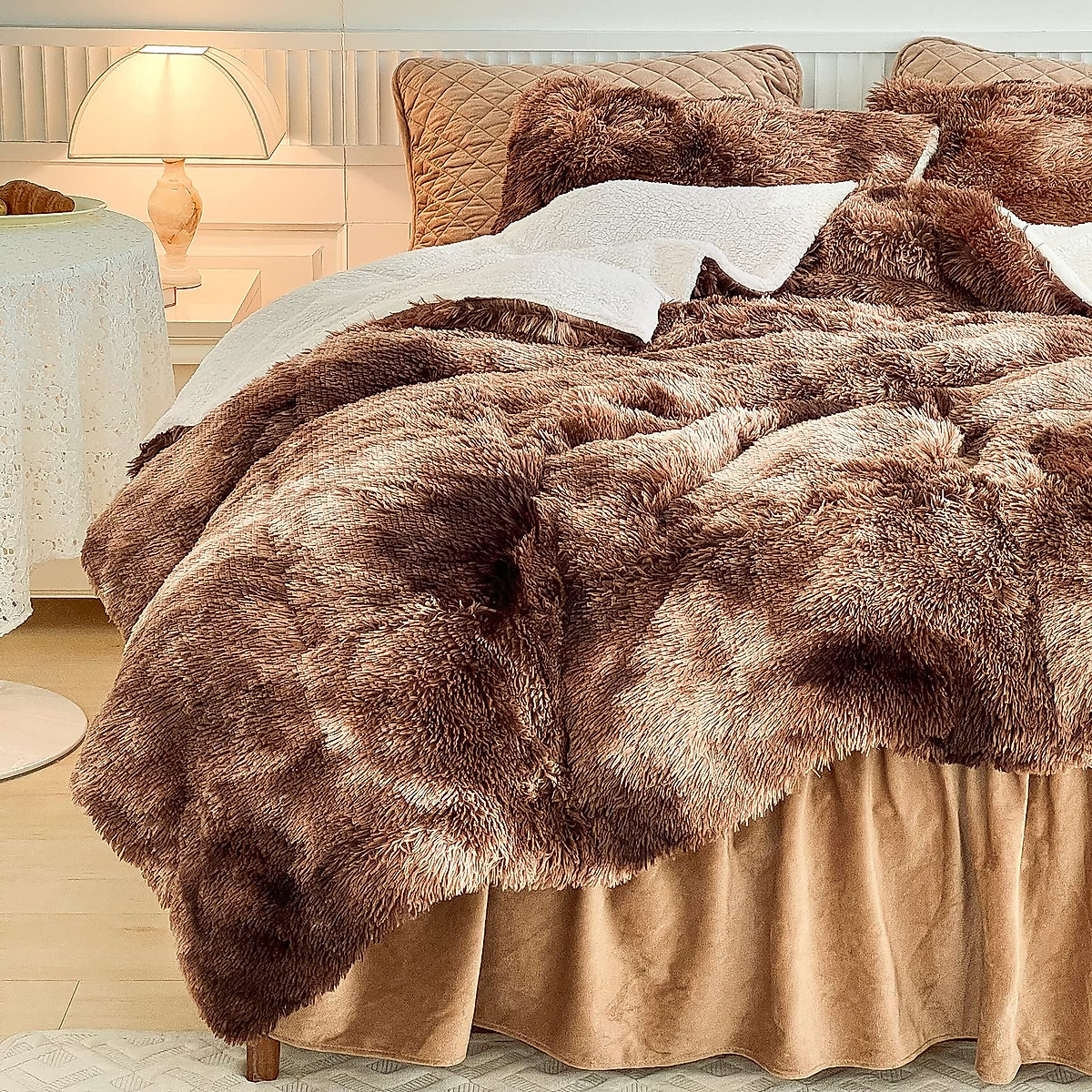 Fur Bed in a Bag Queen Size Faux Fur Comforter Set White with Coffee - 6 Pieces Shaggy Comforter Set Adult Size - Luxury Warm Winter Bed in a Bag Style with Flannel Bed Skirt, Pillowcases