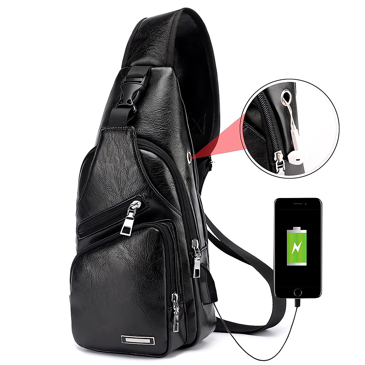 Seoky Rop Men's Leather Sling Bag Chest Crossbody Shoulder Bag with USB Charging Port Black