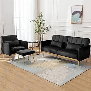 DANNRATCH 2 Pieces Velvet Sofa Set Convertible Sleeper Sofa Tufted Couch Bed with Adjustable Armrests and Backrest, Modern Loveseat Sleeper Bed with 2 Bolster Pillows for Living Room, Bedroom, Black