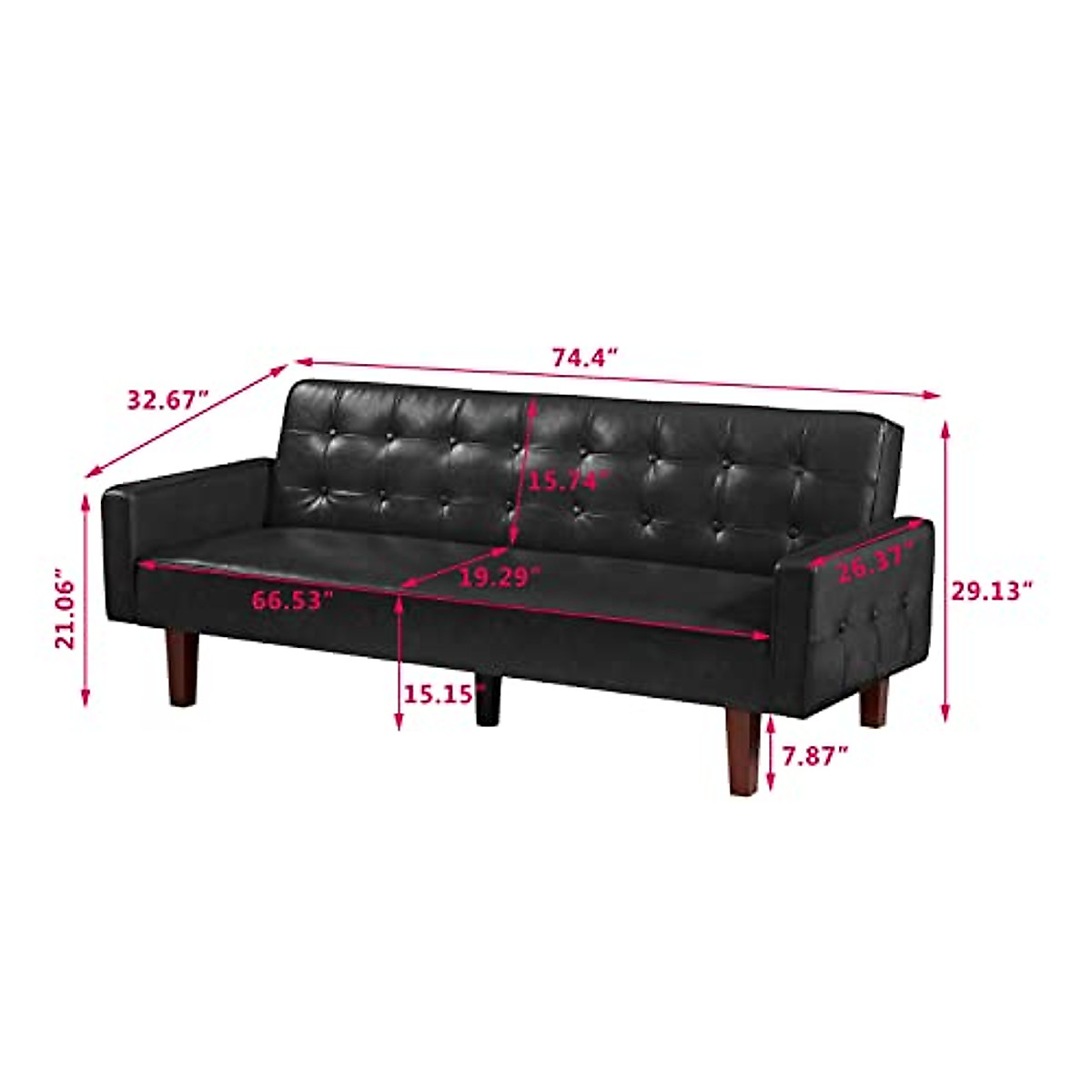 Eafurn 74.41" Faxu Leather Upholstered Futon Sofa Bed, Deep Button Tufted Convertible Folding Sleeper Couches with Solid Wood Legs, 3 Seater Comfy Soft Sofa & Couches for Living Room Office, Black PU