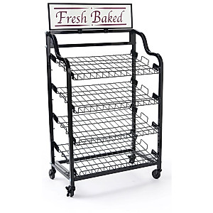 Displays2go Wheeled Metal Rack with Four Tilting Wire Shelves, Black (BAKCRT4NBK)