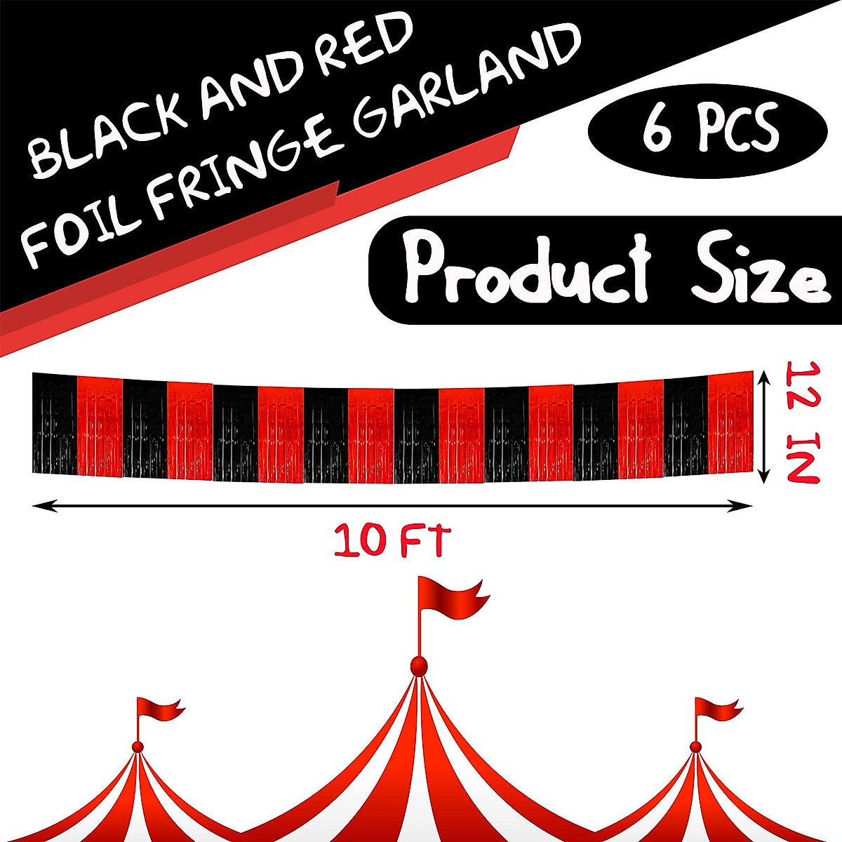 6 Pack 10 Feet Black Red Foil Fringe Garland Metallic Tinsel Streamers Banner Wall Hanging Curtain Backdrop Banner for Parade Floats, Valentine's Day, Wedding, Birthday, Mardi Gras Party Decorations